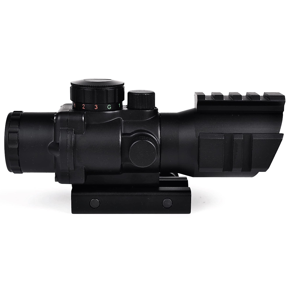 Ozark Armament Flip Up Backup Iron Sight & 4X Magnified Rifle Scope Bundle - Red, Blue, Green Illuminated Reticle for Use in All Light Condition - Mount to Any Picatinny Rail - All Metal Construction