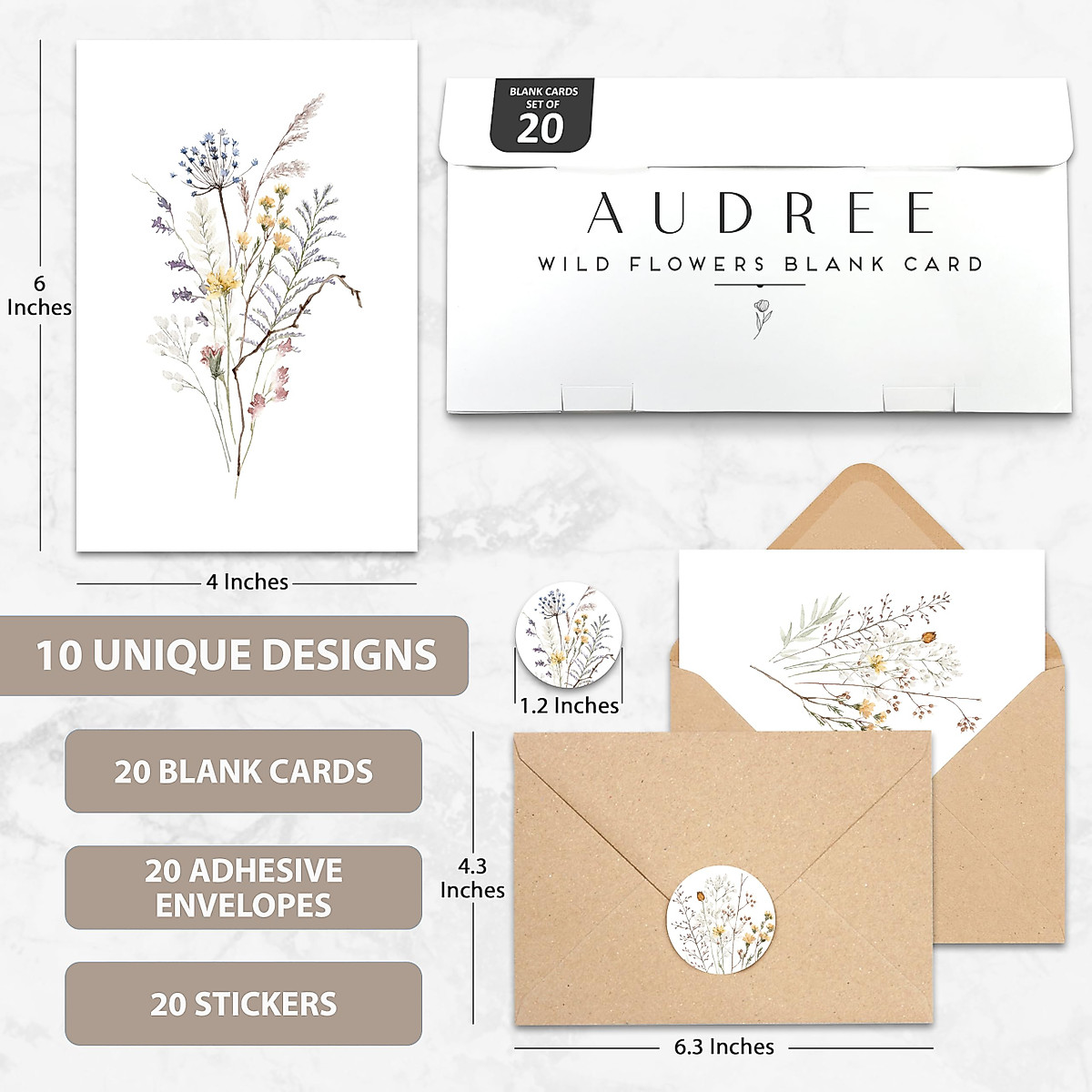 AUDREE 20 Pack Blank Cards and Envelopes 4x6 - Watercolor Wildflowers Blank Greeting Cards with Envelopes and Matching Sticker - Blank Note Cards and Envelopes for All Occasions