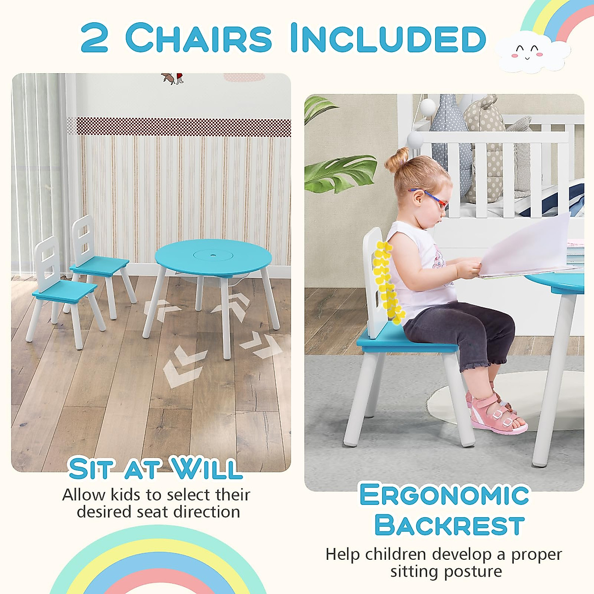 Costzon Kids Table and Chair Set, Wood Activity Table w/Center Mesh Storage, Children Furniture Gift for Boys & Girls, Ideal for Arts, Crafts, Snack Time, Homework, Toddler Table and Chair Set, Blue