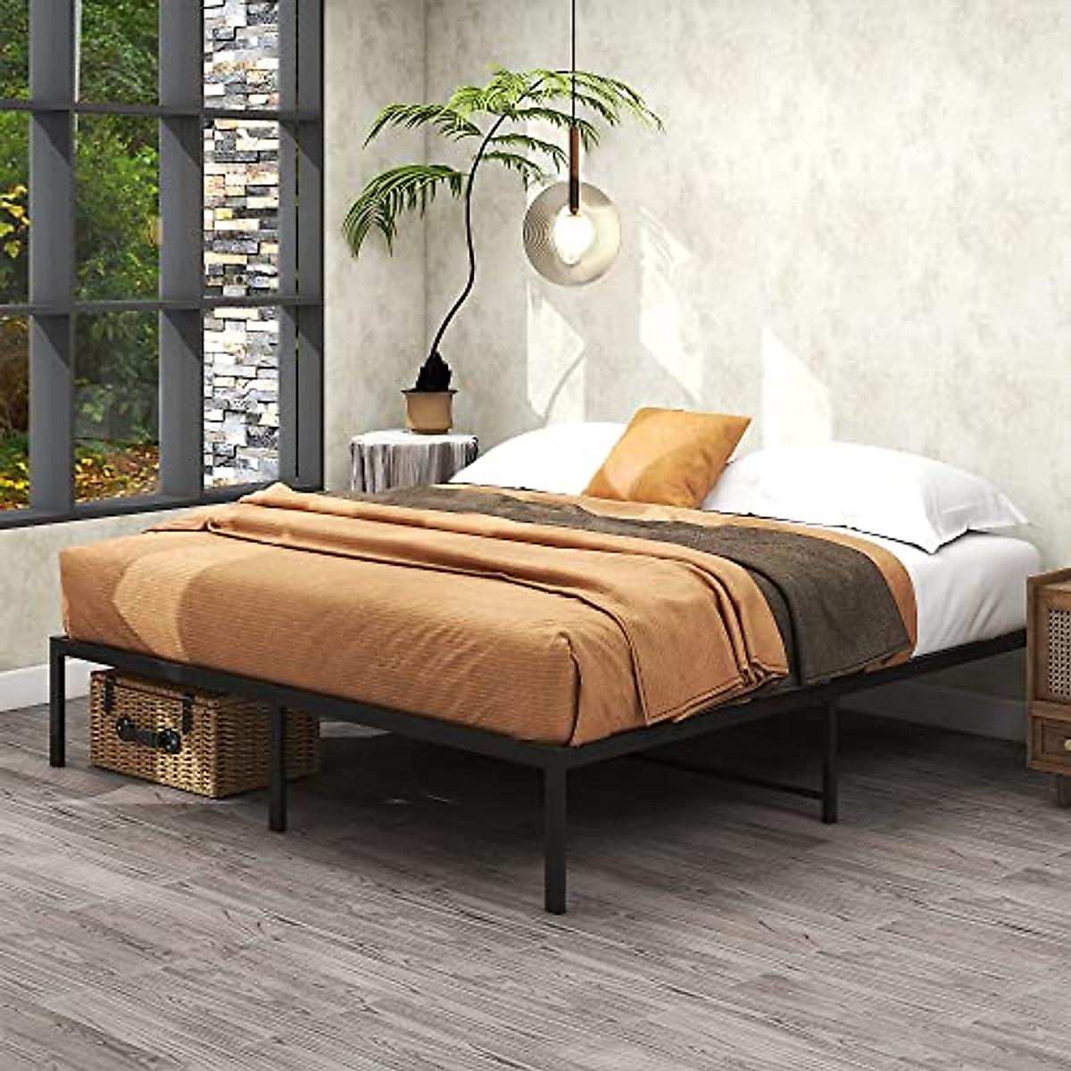 DUMEE King Size Bed Frame Heavy Duty Platform King Bed Frame No Box Spring Needed with Storage, Reinforced Support Noise Free, 14 Inch Textured Black