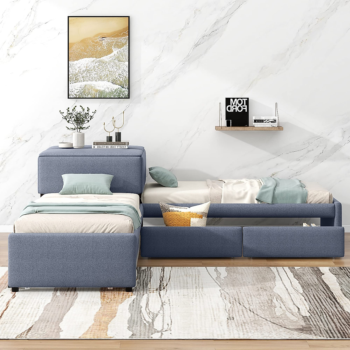 Harper & Bright Designs L Shaped Upholstered Twin Bed with Trundle and 2 Storage Drawers, Wood Corner Bed with Built-in Desk, Twin Platform Bed for 3 Kids, Teens, Boys & Girls (Twin,Gray)