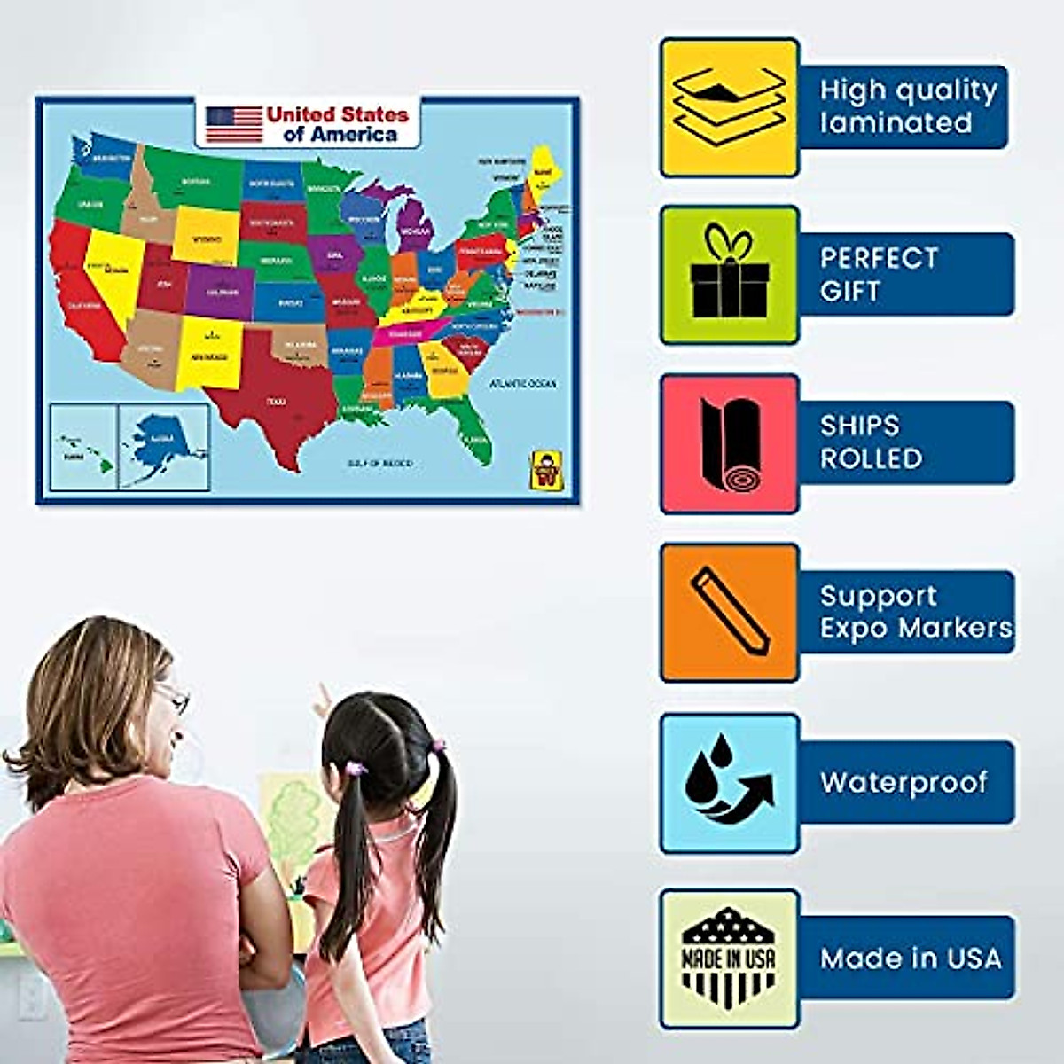 Laminated US Map Poster | Educational & Waterproof - 18x24"