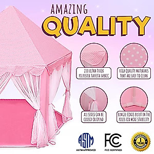 ORIAN Princess Castle Playhouse Tent for Girls with LED Star Lights – Indoor & Outdoor Large Kids Play Tent for Imaginative Games – ASTM Certified, 230 Polyester Taffeta. Pink 55"x53".