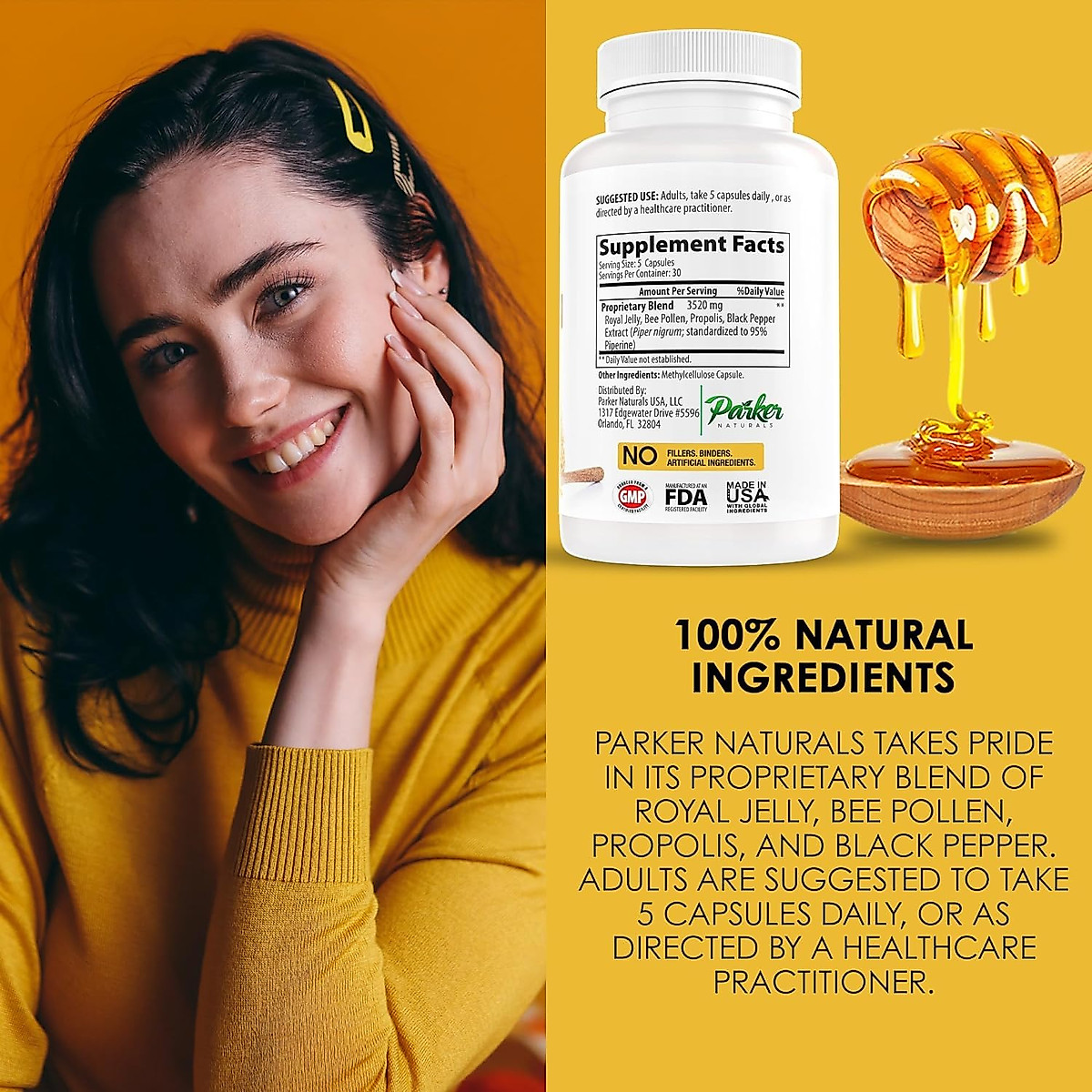 Parker Naturals Best Bee Pollen, Royal Jelly, Propolis - Made by USA Bee Keepers - 150 Vegetarian Capsules - Made in GMP Certified Facility!