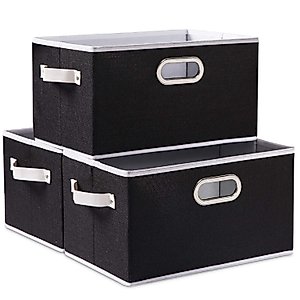 PRANDOM Large Collapsible Storage Bins for Closet [3-Pack] Decorative Fabric Storage Baskets Cubes with Leather/Metal Handles for Shelves Bedroom Living Room Black (14.9x9.8x8.3 Inch)