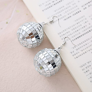 Disco Ball Earrings 60'S 70'S Silver Mirror Disco Ball Drop Dangle 30MM Ball Earrings Dance Party Costume Accessories for Women -1 Pair
