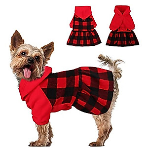SAWMONG Fleece Dog Hoodie Dresses, Classic Plaid Hooded Puppy Dog Winter Clothes with D-Ring, Thermal Skirt Girl Doggie Vest Sweater Outfits Coat Cat Sweatshirt Apparel, Red and Black, XX-Small