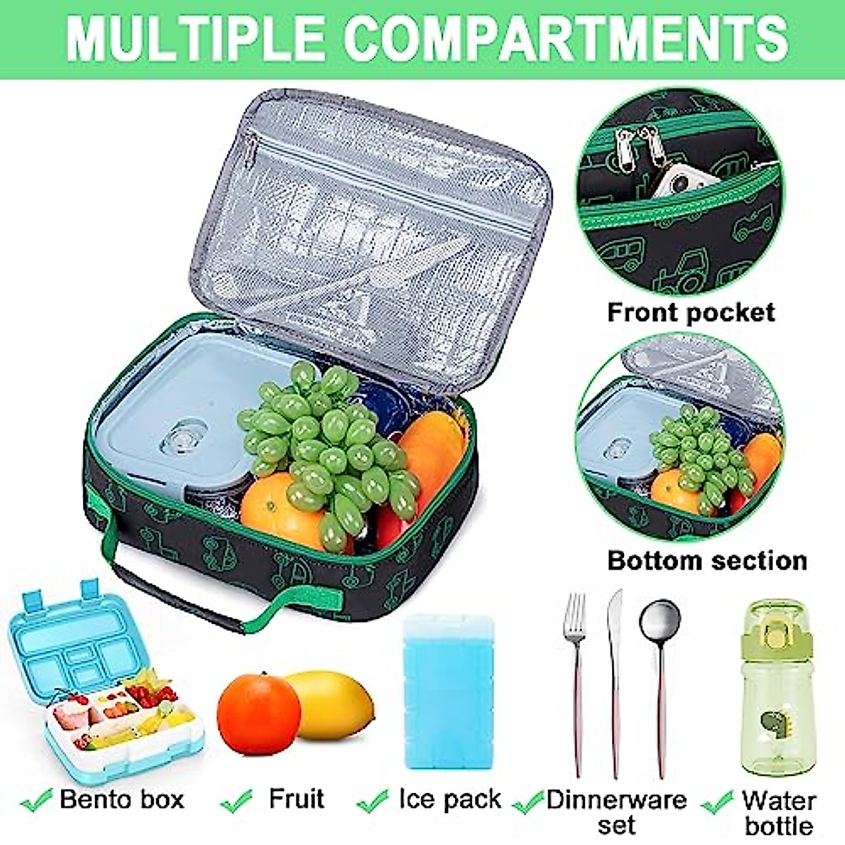 Bluboon Insulated Lunch Box for Kids Boys Girls School Lunch Bags Reusable Cooler Thermal Meal Tote for Picnic (Cartoon Car)