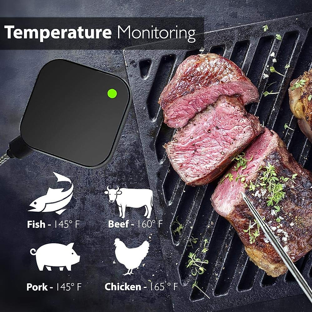 Smart Bluetooth BBQ Grill Thermometer - Upgraded Stainless Probe Safe to Leave in Oven, Outdoor Barbecue or Meat Smoker - Wireless Remote Alert iOS Android Phone WiFi App - NutriChef PWIRBBQ40