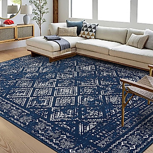 GarveeHome Washable Rug Large 9x12 Area Rugs Boho Rugs for Bedroom Indoor Soft Anti-Slip Rug Vintage Distressed Floor Carpet Low Pile Non-Shedding Foldable Thin Rug for Living Room Home Office Blue