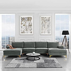 Casa Andrea Milano Modern Large Sectional Sofa U Shaped Velvet Couch, with Extra Wide Chaise Lounge and Golden Legs, Dark Grey