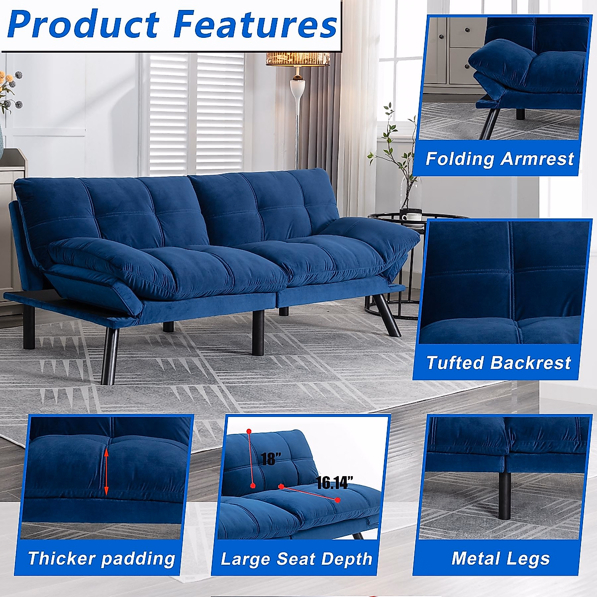 70" Futon Sofa Bed Couch,Convertible Modern Sleeper Sofa Couch with Metal Legs,Folding Loveseat Sofa with Adjustable Backrest for Living Room,Bedroom,Office,Small Space (Blue)