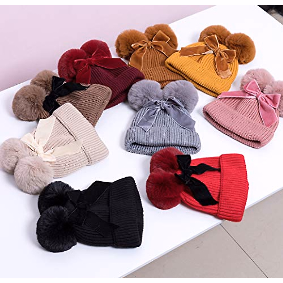 YATEEN Infant Toddler Baby Knitting Woolen Hat Winter Warm Double Pompom Beanie Cap with Bow Beige