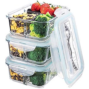 S SALIENT Glass Meal Prep Containers 3 Compartment - Bento Box Glass Lunch Containers - Meal Prep Glass Container-Food Storage Containers with Lids-Portion Control Food Containers Glass(3-Pack,36 OZ)