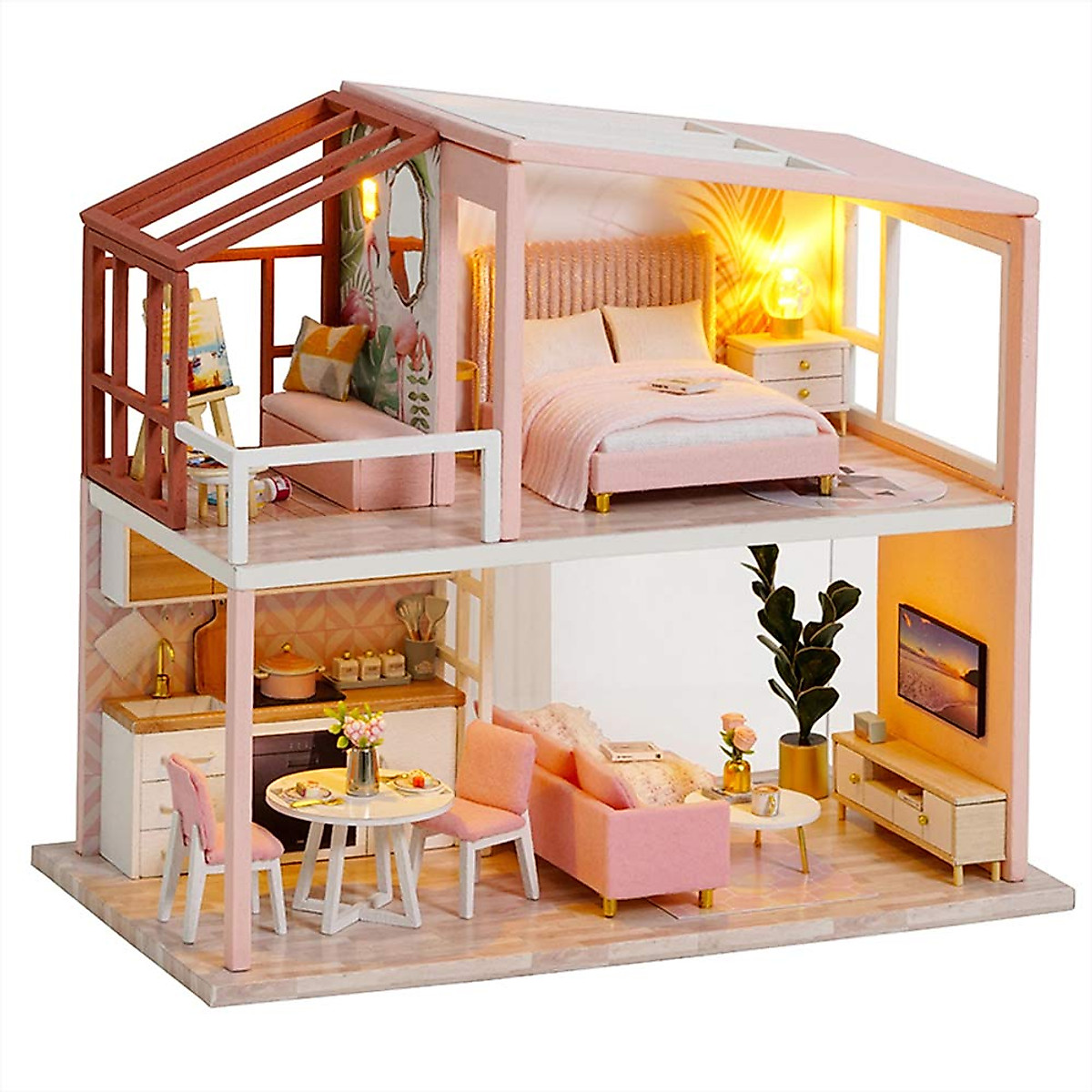 Fsolis DIY Miniature Dollhouse Kit with Furniture and Lights, 3D Wooden Modern Tiny House 2 Story Gifts for Teens Adult