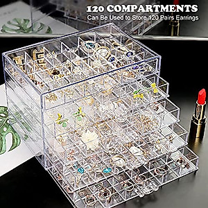 QIYUSHRY Earring Storage Box Acrylic Jewelry Storage Holder Ring Clear Plastic Transparent Jewelry Display Stand with 5 Drawers 120 Small Compartment Tray for Women Girls