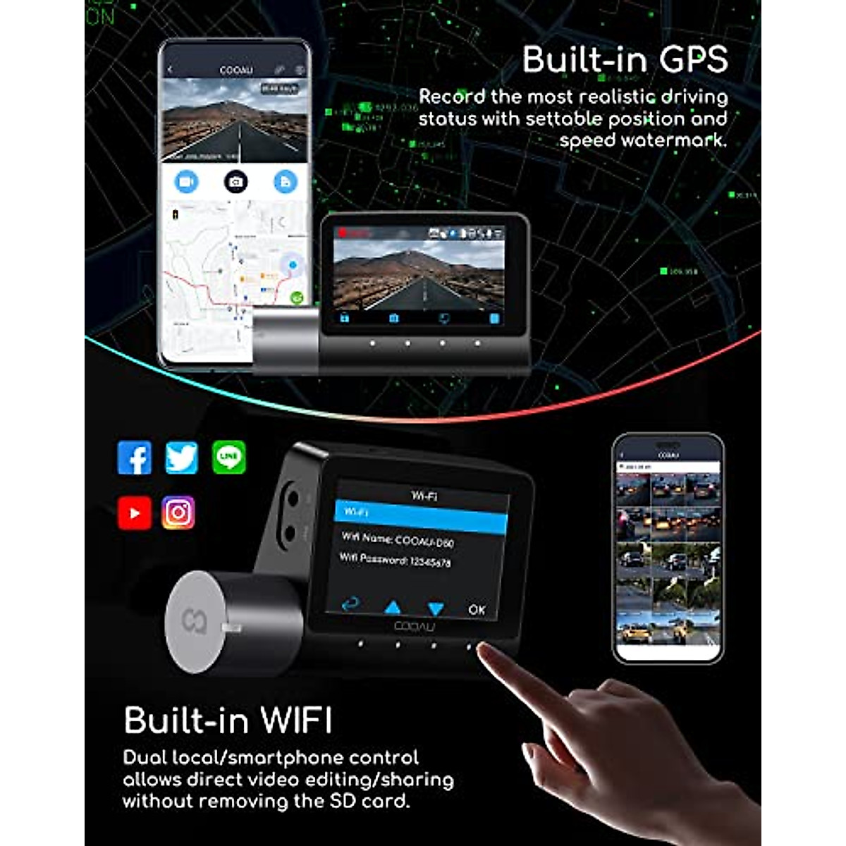 COOAU 2.5K Dash Cam Front and Rear Inside, 2.5K+1080P+1080P 3-Channel Dash Cam, Build-in GPS Wi-Fi, Dash Camera for Cars with Super IR Night Vision, 24-HR Parking Mode, Supports 512 GB Max (D50)