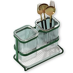FEIJSQIU Utensil Holder with 2 Compartments Cooking Utensil Holder for Cooking Tools Storage and Utensil Organizer Utensil Drying Rack has Tray at Bottom for Easy Drainage.Clean Easy (Green)