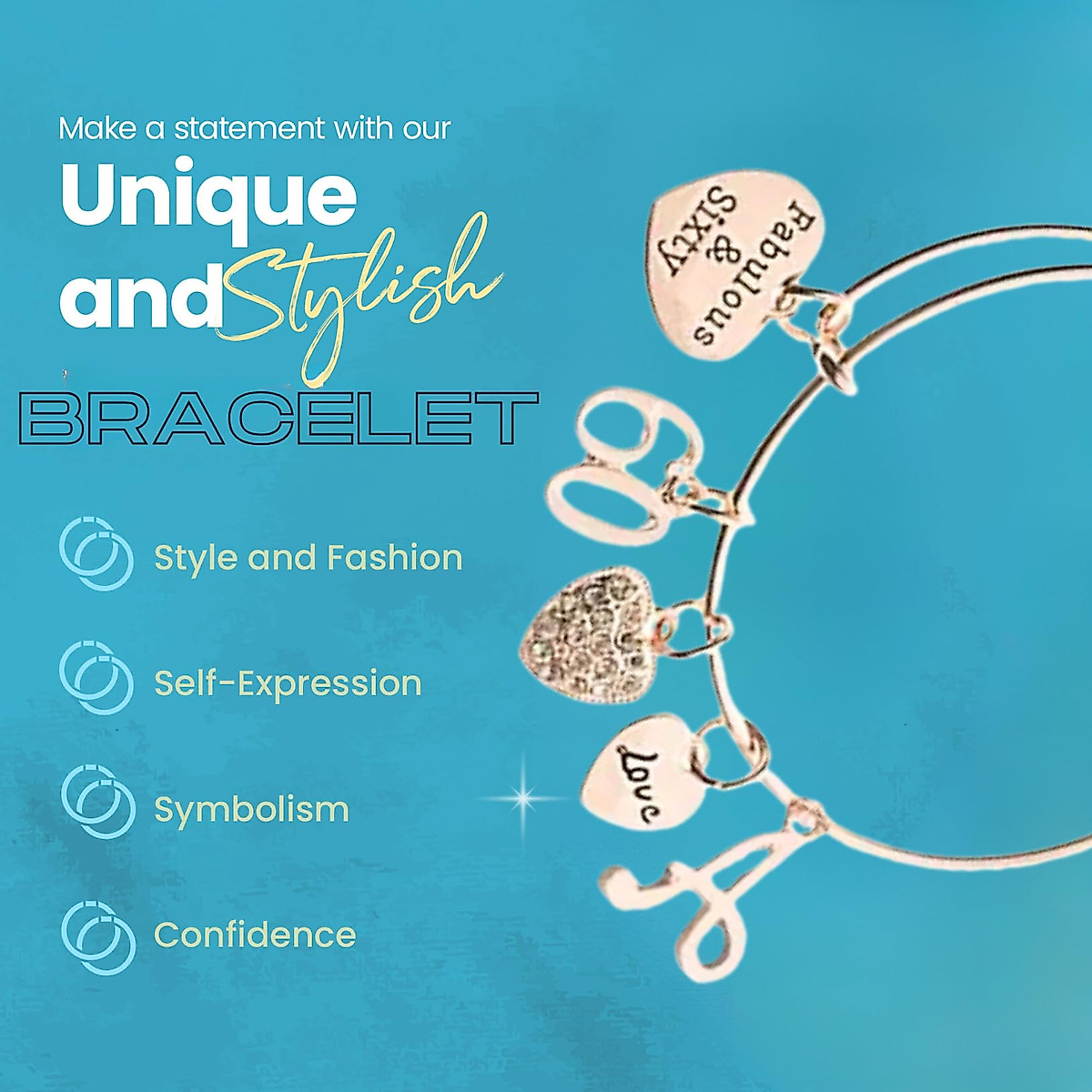 Infinity Collection 60th Birthday Charm Bracelet – Rose Gold Adjustable Bangle with Fabulous & Sixty Charms – Gift for Women – Includes Velvet Jewelry Pouch