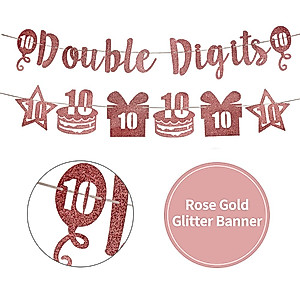 Excelloon Double Digits 10th Birthday Banner Decorations for Girl, Rose Gold Glitter 10 Year Old Happy Birthday Party Supplies, Perfect for Ten Years Birthday Party Decoration Sign