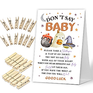 Don't Say Baby Game, Ghost Witch Pumpkin Halloween Baby Shower Game Include Baby Shower Sign and 50 Pcs Mini Clothespins, Gender Neutral Baby Shower Decoration, Party Favors Supplies-LF4