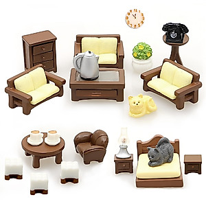 23pcs Brown Dollhouse Mini Furniture Kit Decoration DIY Accessories Including Dining Room Sitting Living Bedroom Set Toys for Baby Boys Children Girls Dollhouse Accessories