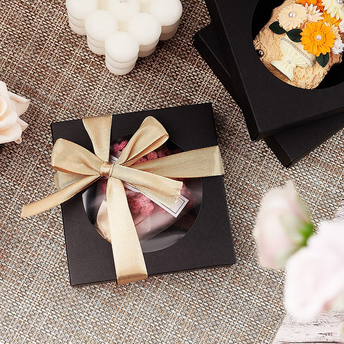 50 Pack Mini Cookie Boxes with Window, 4.3 x 4.3 x 1.2 Inches Individual Black Kraft Paper Pastry Boxes Single Dessert Boxes Treat Boxes Favor Boxes for Chocolate, Candy, Donut