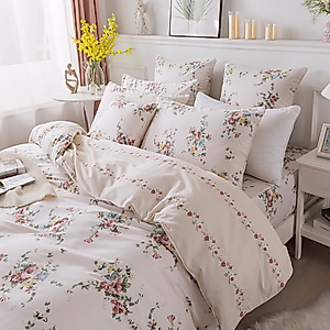 FADFAY Duvet Cover Set Full Sweet Pink Rose Floral Bedding Shabby Peony Flower Quilt Cover Set Vintage Farmhouse Bedding 100% Cotton Soft Comforter Cover Set with Hiden Zipper Closure 3Pcs, Full Size