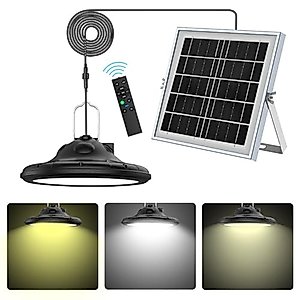 Neoglint Outdoor Solar Pendant Light 100-LED IP66 Waterproof Solar Lights 1000LM Dimmable 3 Color with Remote Control Solar Shed Light with 16.4ft Cord for Patio Porch Balcony Outdoor Indoor Lighting