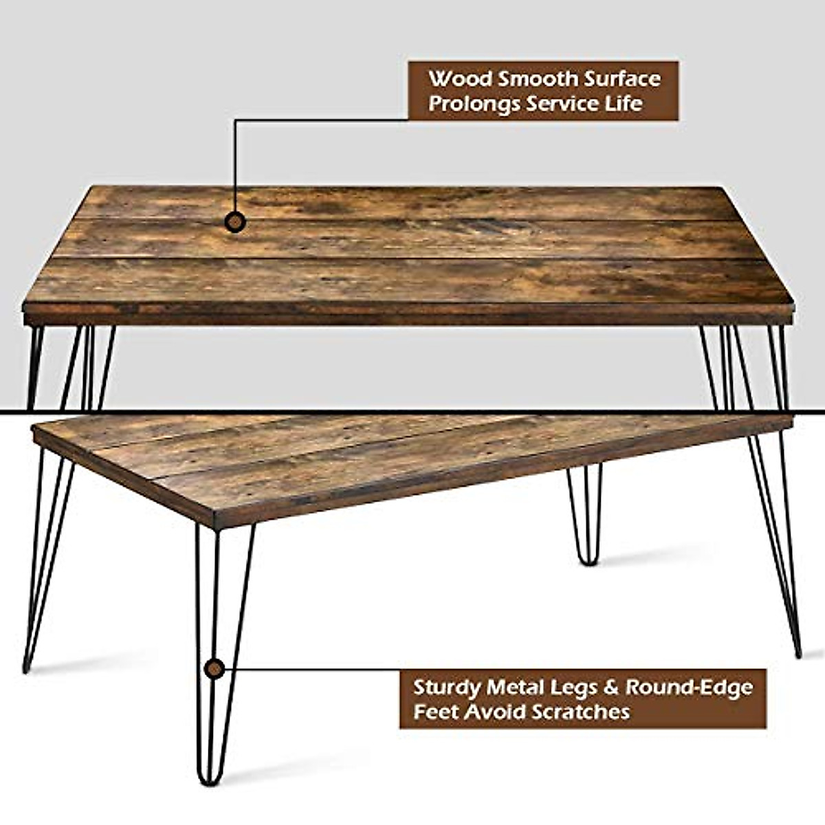 Giantex Rustic Coffee Table w/Wooden Top & Metal Hairpin Legs, 44" Large Rectangle Sofa Table w/Spray Paint, Industrial Style, Boho Wooden Table for Living Room, Reception Room, Home Office (Walnut)