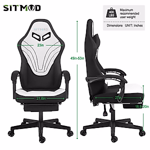 Gaming Chair,Big and Tall Gaming Chair with Footrest,Ergonomic Computer Chair,Fabric Office Chair with Lumbar Support,360 Degree Swivel and Height Adjustment,Video Gaming Chair for Adults-White