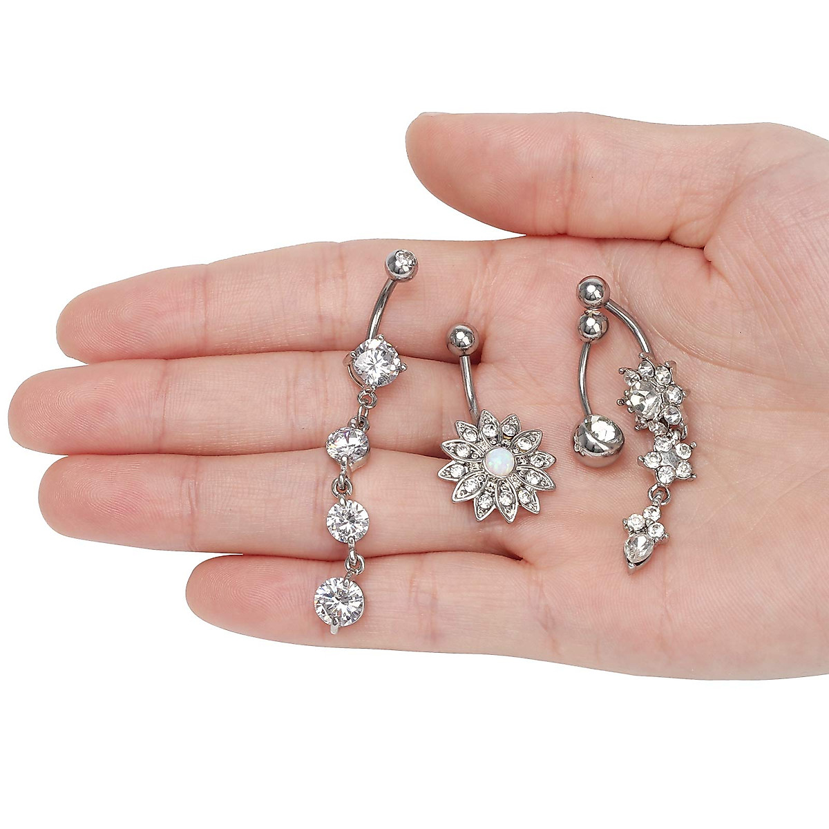 CrazyPiercing Dangle Belly Button Rings Surgical Stainless Steel for Women 5 PCS Set (Silver)