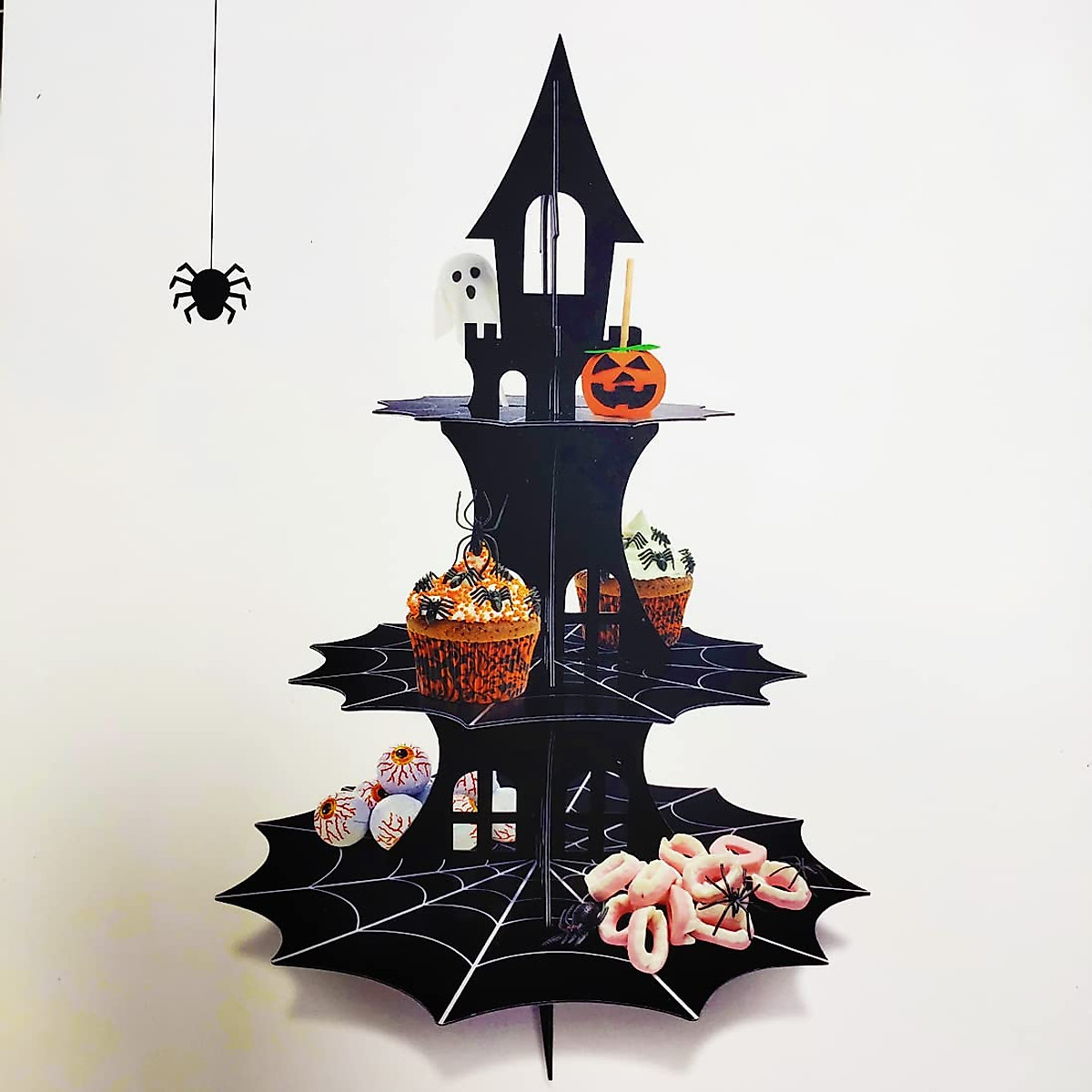 3-Tiers Spider Web Cupcake Stand for Hero Theme Party Supplies. Haunted House, Ghost,Cardboard, Dark Building Dessert Holder Halloween Party Serving Tray