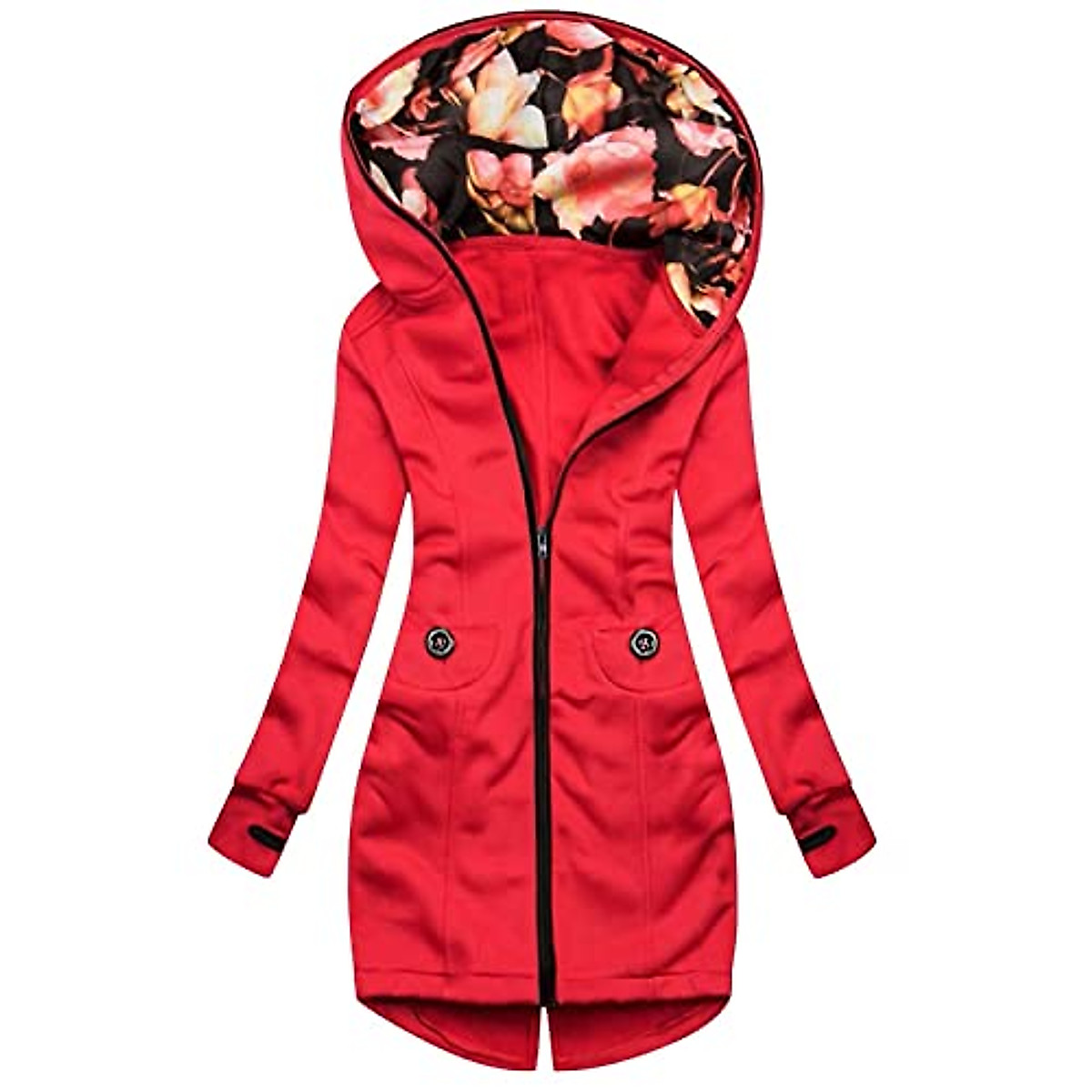 Women Sweatshirt Pullover Hoodies Fashion Sweatshirt Women Long Zipper Print Sleeve Jacket Coat Floral Pocket Women's Coat Zip up Hoodies for Women Red