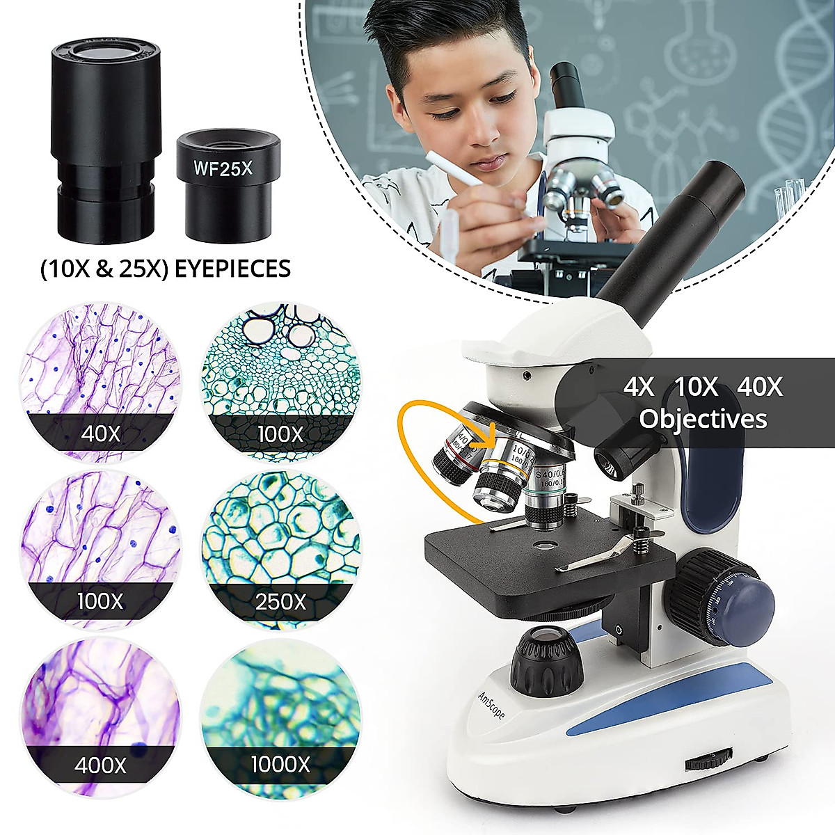 AmScope 40X-1000X Biology Science Metal Glass Student Microscope with 3MP Digital Camera