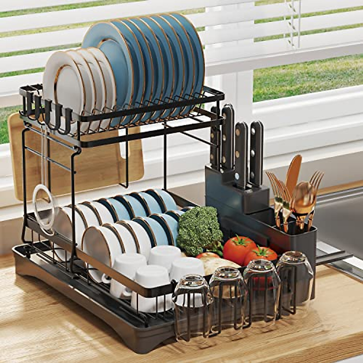 Iwaiting Outdoor Dish Drying Rack, 2 Tier Dish Dryer Rack for More Space Saving, Large Dish Rack with Sink Drainer, Durable Metal Dishrack Set, Dish Racks for Kitchen Counter Black
