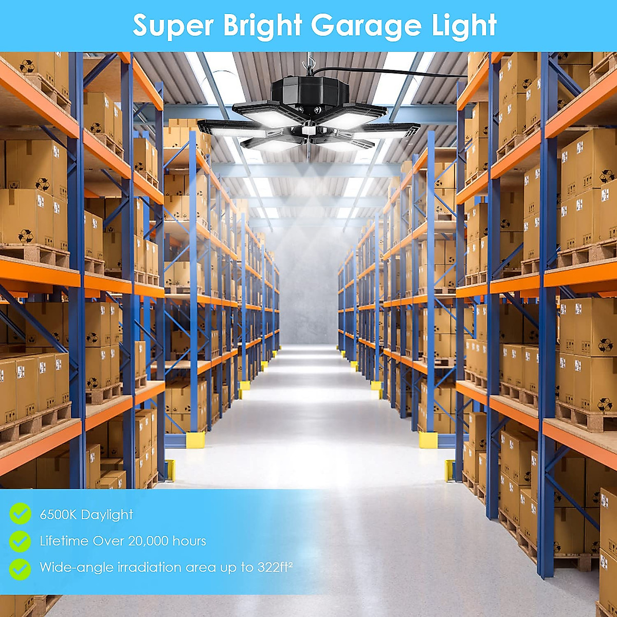 KASLIGHT LED Garage Light, 160W, 6 Adjustable LED Panel Heads, 180 Coverage, Energy Saving, Black