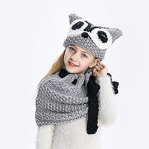 2 Pieces Kids Winter Warm Knitted Hats and Scarf Set Cute Owl Knit Beanie Hat with Scarf for Boys Girls 3-9 Year (Gray)
