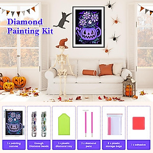 RICUVED Diamond Art, Halloween Pumpkin Diamond Art Kits for Adults Full Round Drill, DIY 5D Skeleton Flowers Diamond Dots Painting Arts and Crafts Gift Home Wall Decor 12x16Inch