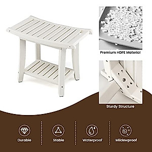 GOFLAME 2-Tier Shower Bench, Spa Bath Shower Stool with Curved Seat, 2 Easy-to-Grip Handles, Storage Shelf & Non-Slip Foot Pads, Waterproof Shower Chair for Bathroom, Living Room, Entryway, Off White