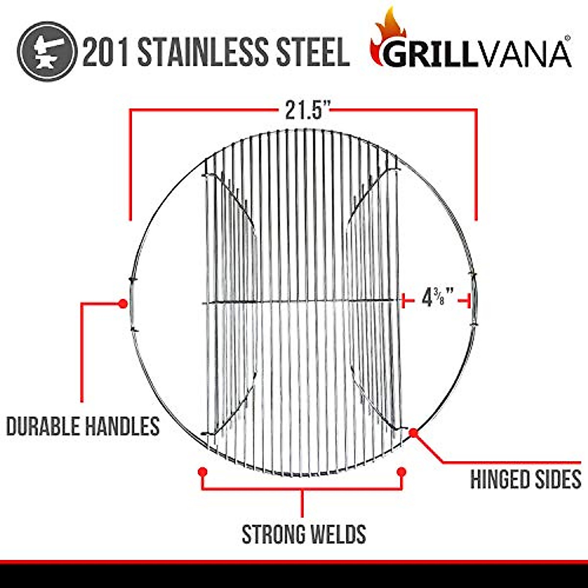 GRILLVANA 22 Inch 201 Stainless Steel Hinged Grilling/Cooking Replacement 22” grill grate - Compatible with Weber 22" Charcoal Grills - Kettle Charcoal BBQ Grilling Accessories