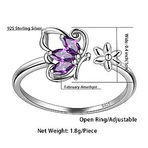 Hipunk Butterfly Purple Rings Bands Statement Birthstone Women 925 Sterling Silver Februsry-Amethyst Birth Stone Animal Butterflies Adjust Ring Crystal Birthday Jewelry SR0002F