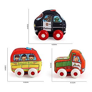 Atralo Service Cartoon Soft Cloth Toy Car Set 3PCS Includes School Bus Police car Crazing Truck Fabric Toy Scooter Early Education Toys Activity Cloth Car for Baby Toddler Kids