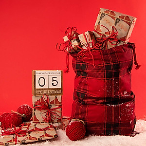 Pudgy Pedro's Party Supplies - Christmas Canvas Gift Bags - X-Large 26" x 19" Red Xmas Plaid - Jumbo Fabric Present Cloth Stocking - 1 ct