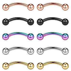 Ruifan 10PCS Assorted Colors Eyebrow Piercing Jewelry Curved Barbell with Balls Kit Eyebrow Tragus Lip Ring 16g 16 gauge 8mm