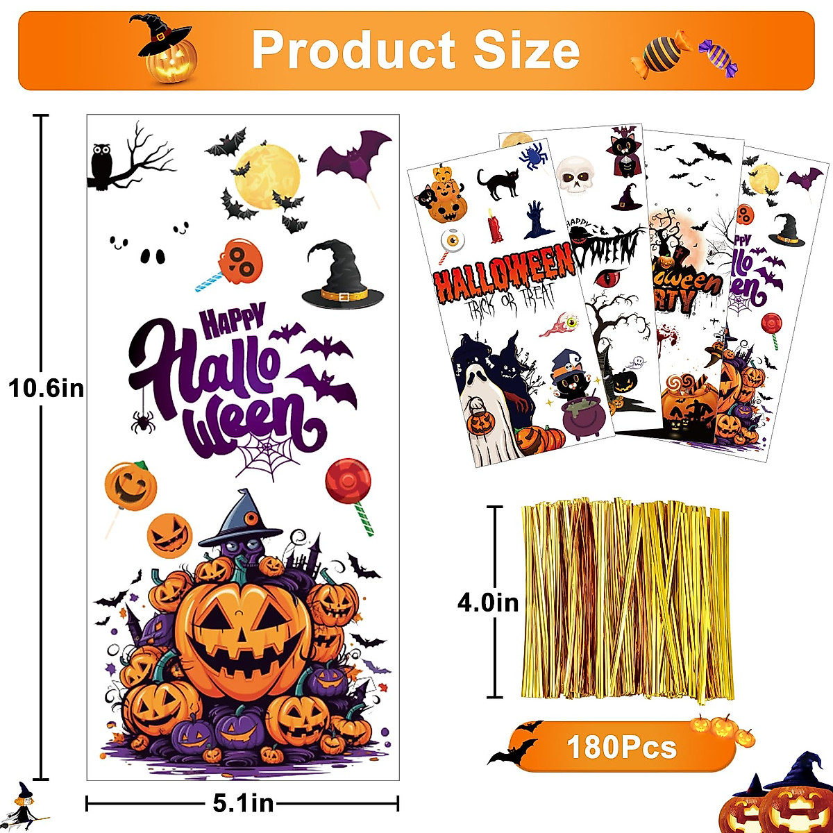 BBPOOL Halloween Treat Bags, 160pcs Halloween Cellophane Bags with Twist Ties Clear Plastic Trick or Treating Bags Halloween Goodie bags for Candy Cookies Snacks Gift Wrapping