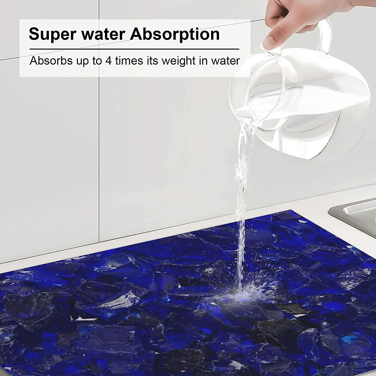 Cobalt Blue Glass Dish Drying Mat for Kitchen Counter, Large Microfiber Absorbent Reversible Hangding Quick Dish Draining Mat Protector Kitchen Decor Machine Washable 18×24 in