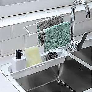 YIWULA 2PCS Sink Caddy, Telescopic Sink Storage Rack, Plastic Sponge Holder for Kitchen Sink, Over Sink Sponge Holder with Dishcloth Towel Holder, Expandable Sink Organizer (White)