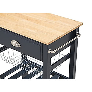 OSP Home Furnishings Hampton Kitchen Cart with Wood Top, Utensil Drawer, Under Cabinet Basket, and 2 Slatted Shelves, Blue Stone Base