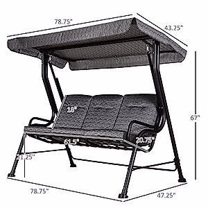 Outsunny 3-Seat Patio Swing Chair, Outdoor Swing Glider with Adjustable Canopy, Removable Thicken Cushion, and Weather Resistant Steel Frame, for Garden, Poolside, Backyard, Black